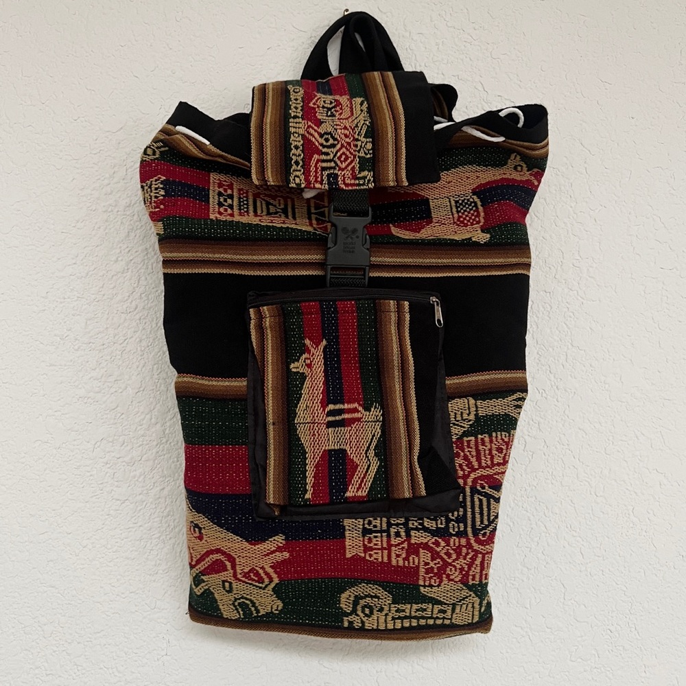 Woven Knit Colorful Llama Design Fabric Backpack - Gem